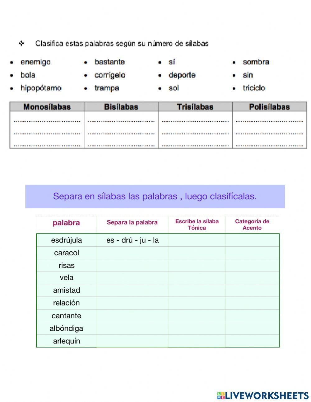 La silaba tonica y atona worksheet | Live Worksheets