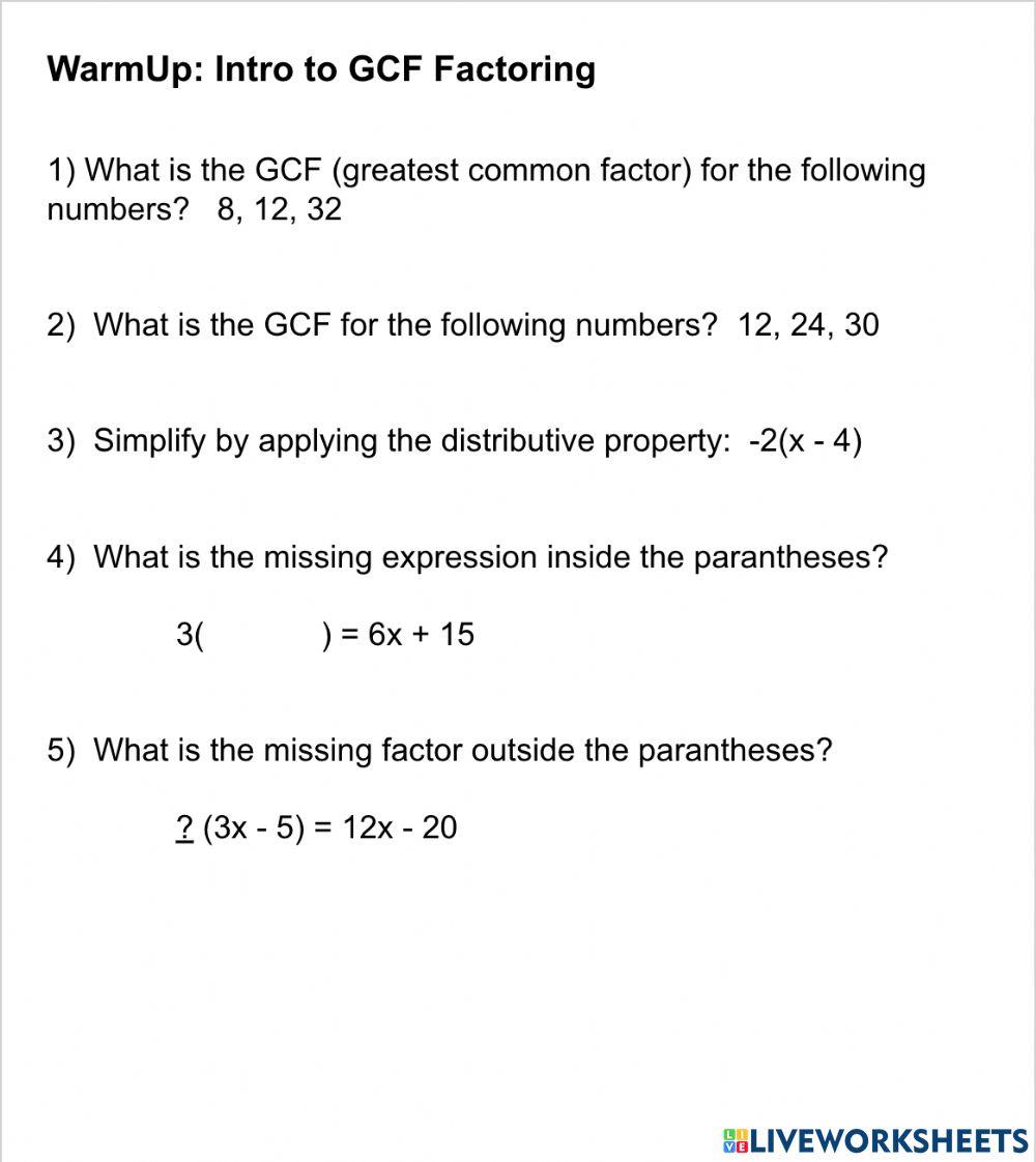 Intro to GCF Factoring: Prior Knowledge worksheet | Live Worksheets