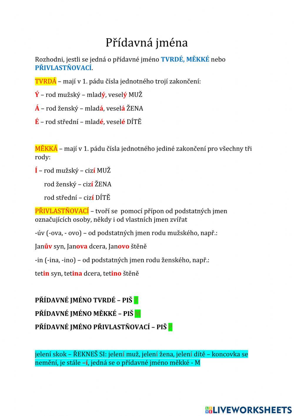 Druhy přídavných jmen - pracovní list (1) 4799611 | Jana