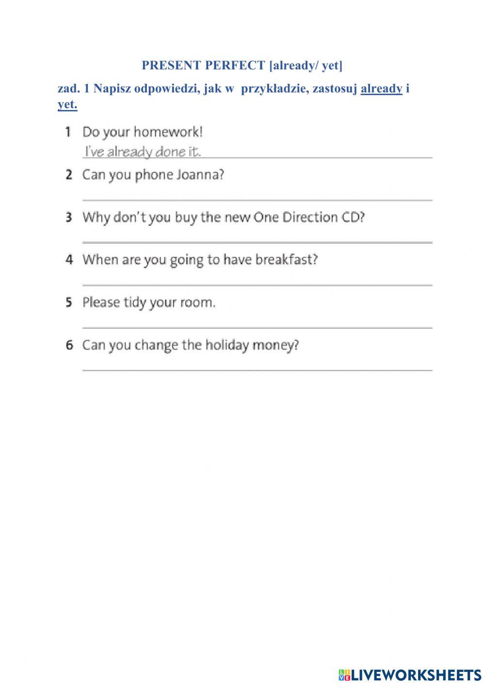 Present perfect already, yet online exercise for | Live Worksheets