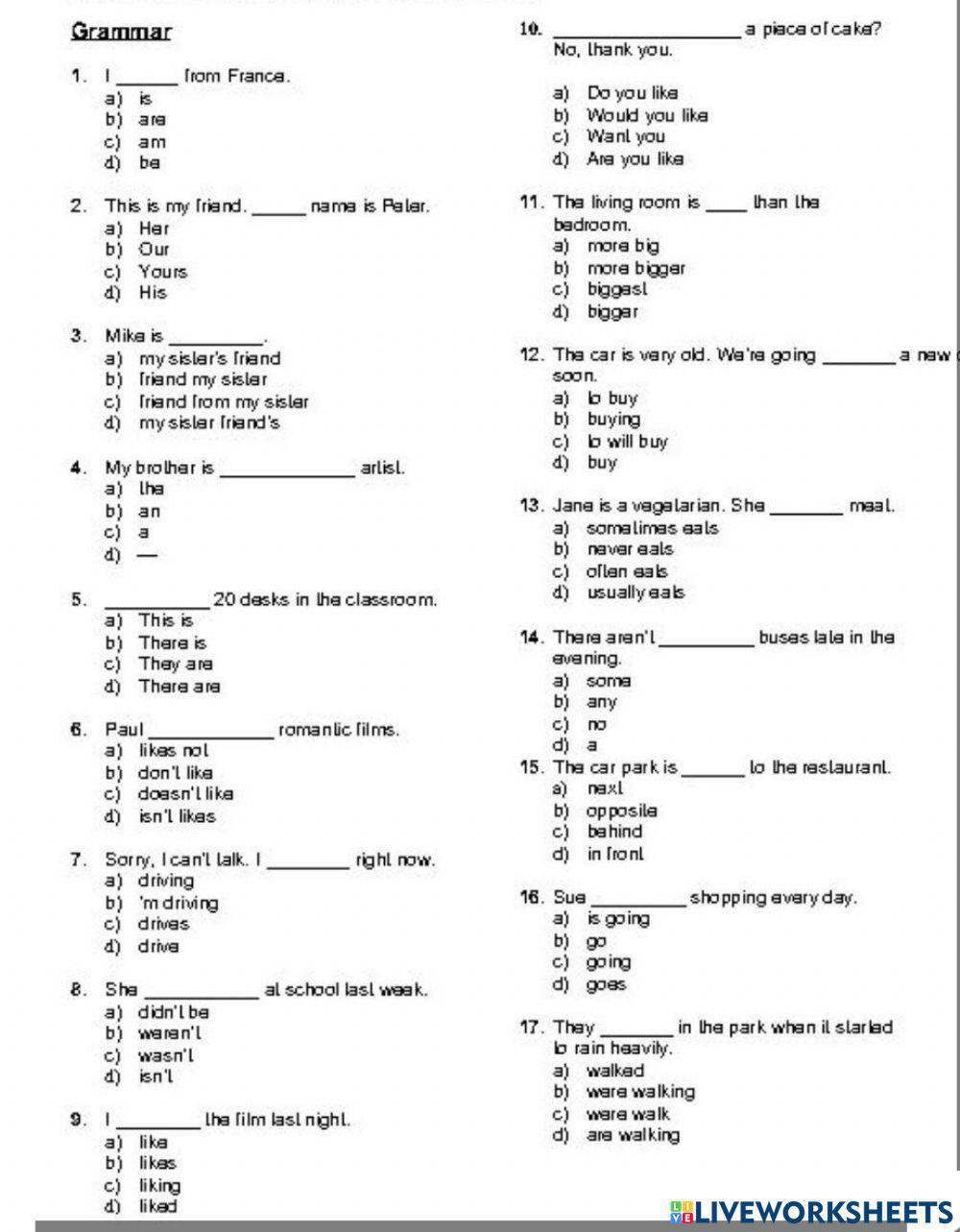 Grammar online exercise for 2 | Live Worksheets