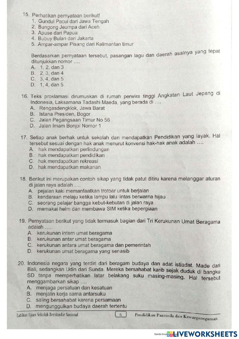 Latihan ujian PPKn worksheet | Live Worksheets