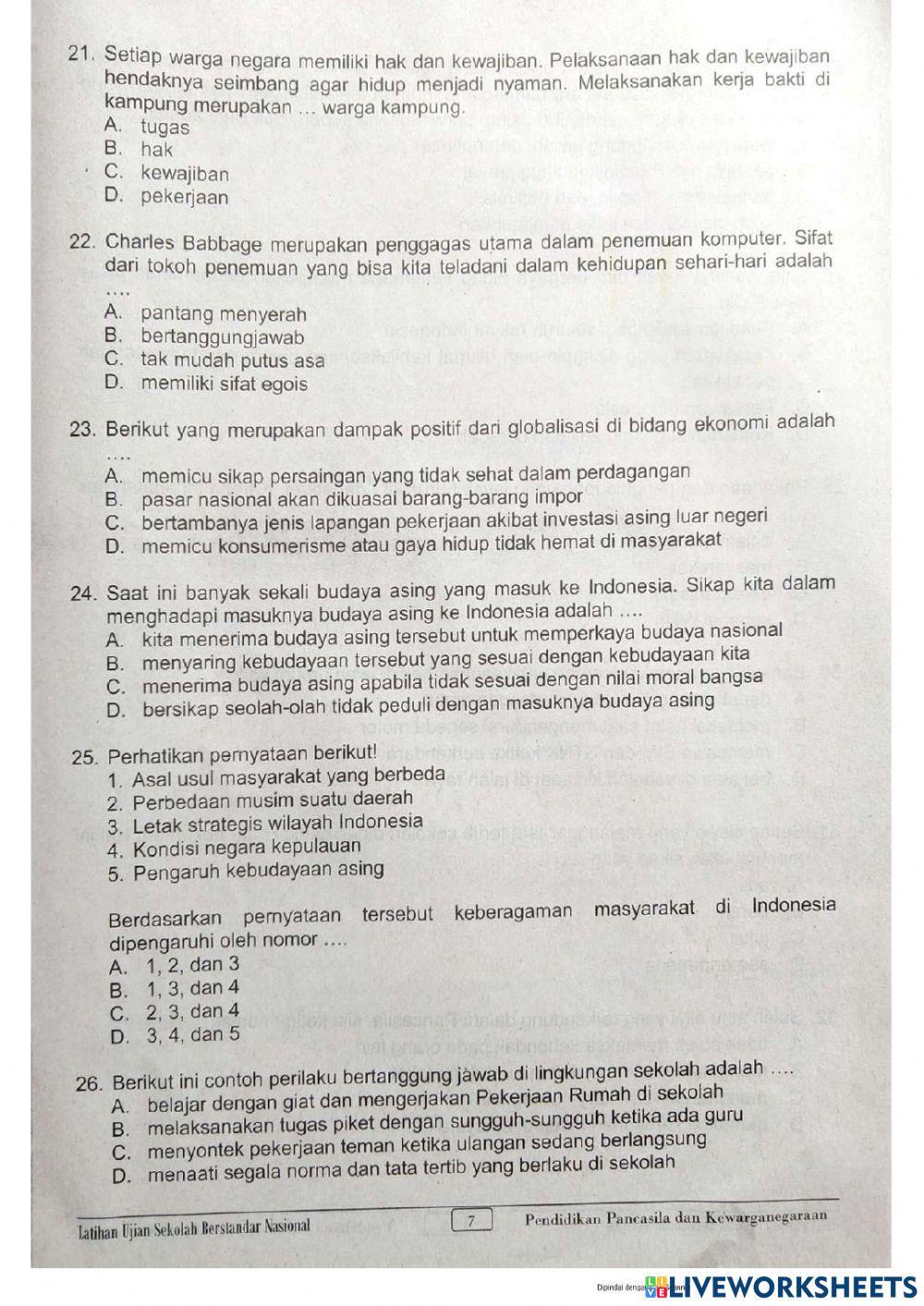 Latihan ujian PPKn worksheet | Live Worksheets