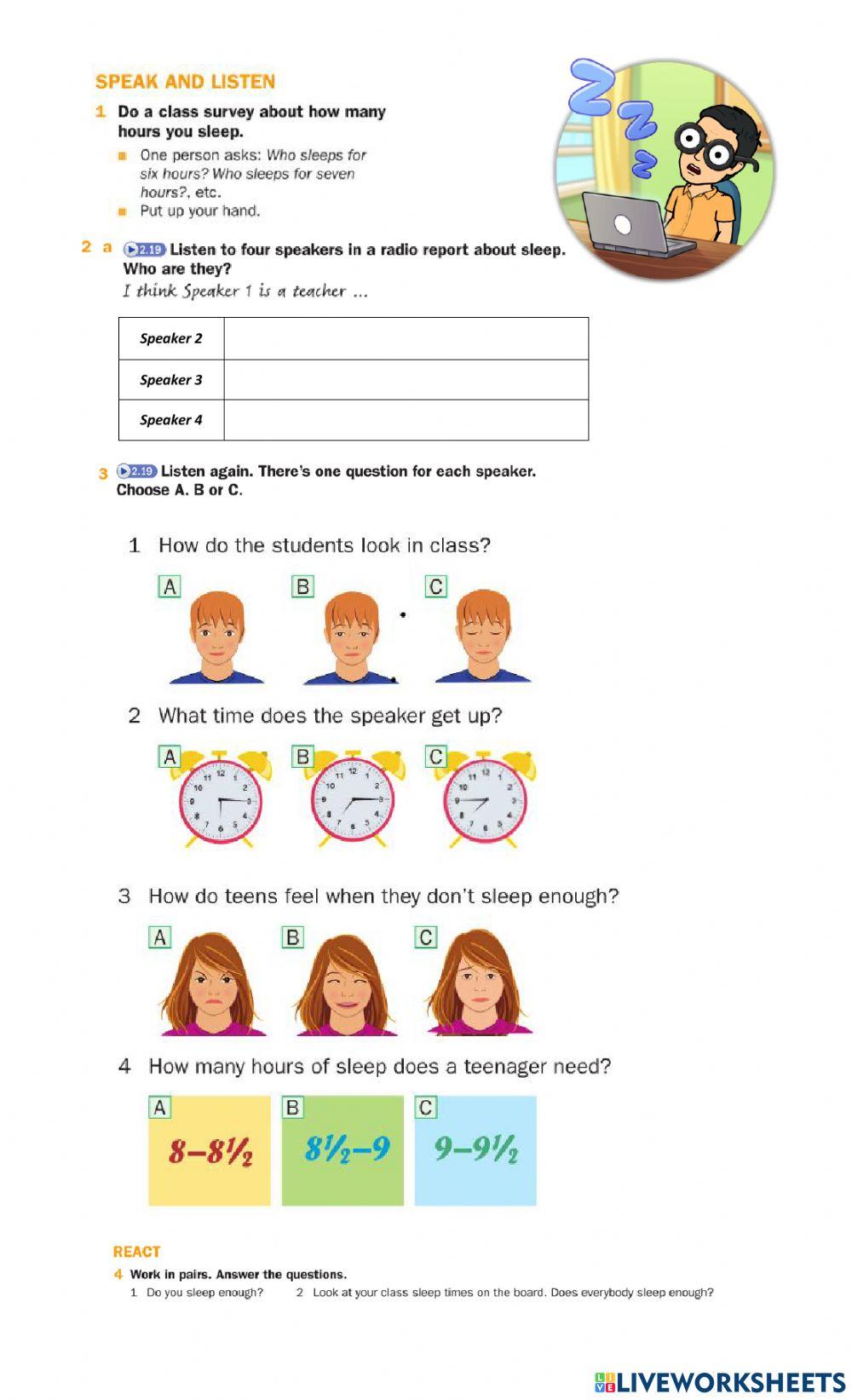 How many hours do you sleep? worksheet | Live Worksheets