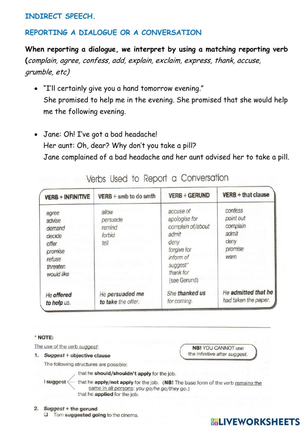 Indirect Speech Reporting a dialogue online exercise for | Live Worksheets