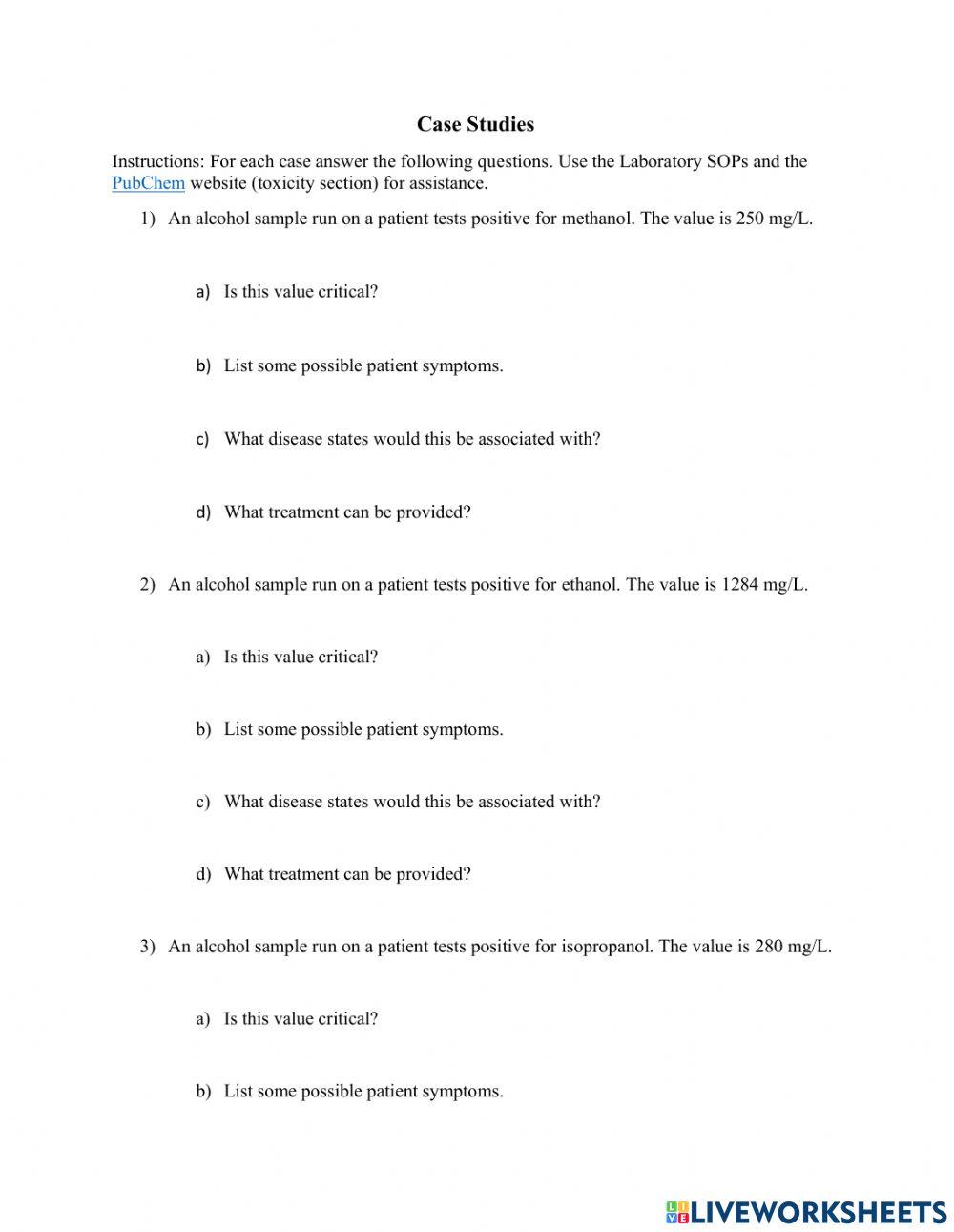 Alcohols: Case Studies online exercise for | Live Worksheets