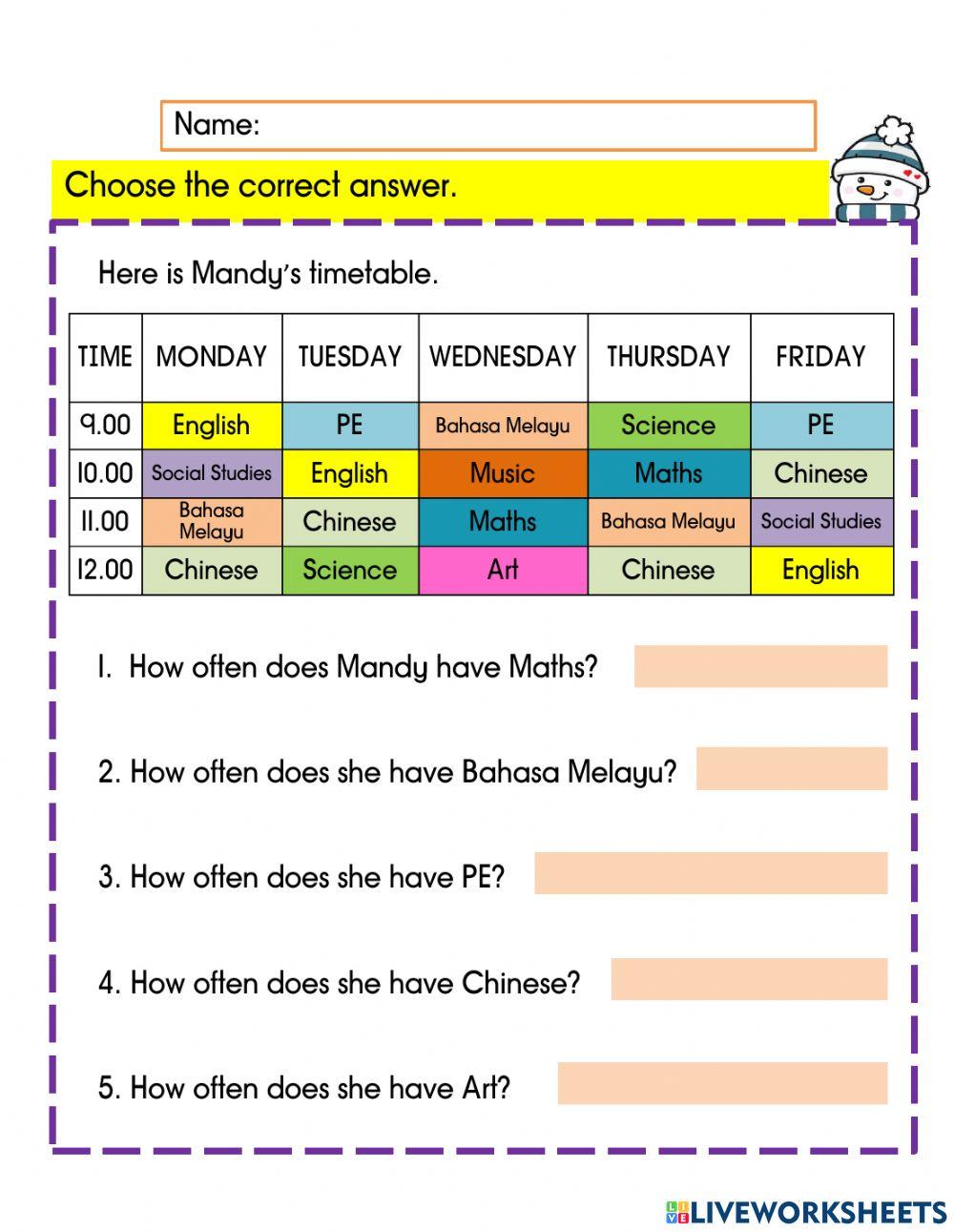 765252 | Mandy's timetable | MadamLSY | LiveWorksheets