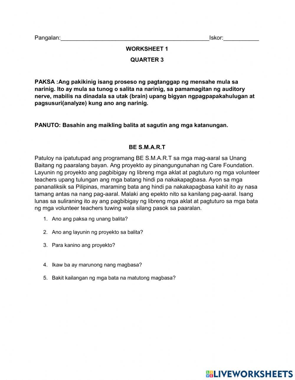 3rd quarter worksheet 1 worksheet | Live Worksheets