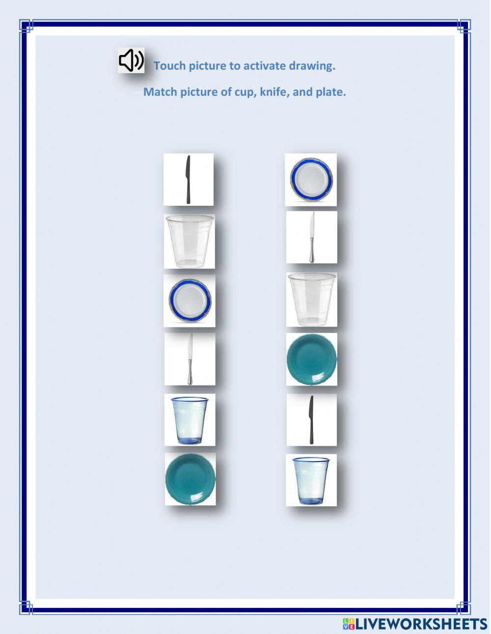 Daw a line to match cup, knife and plate - 1.01 - ET worksheet | Live ...