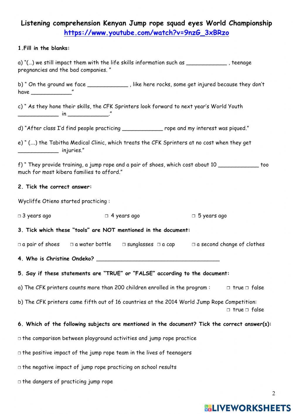 Listening comprehension kenya jump rope squad worksheet | Live Worksheets