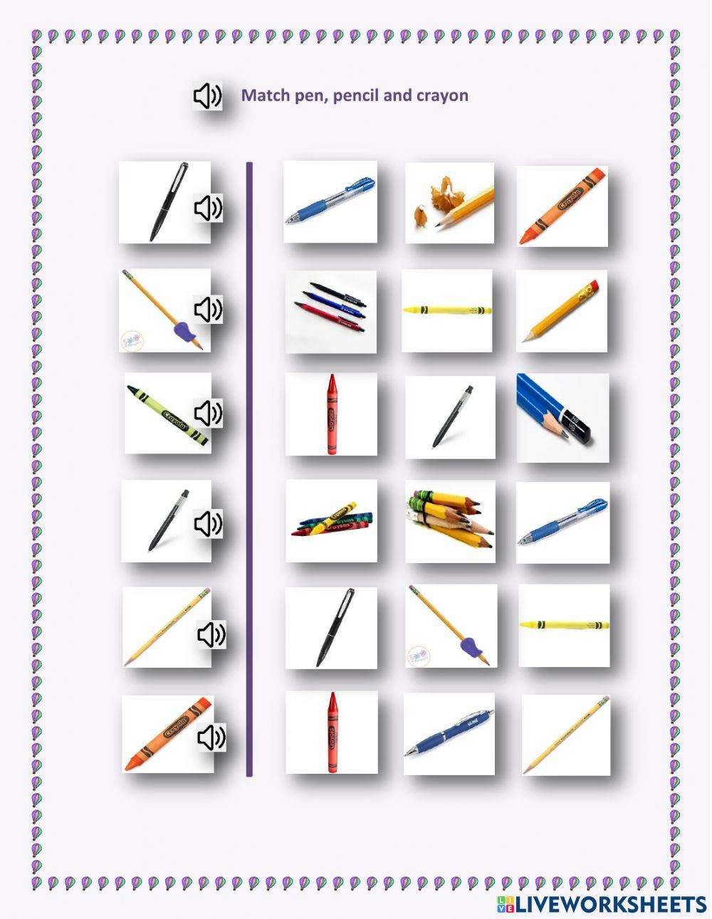 Match pen, pencil and crayon - different picture - 1.03