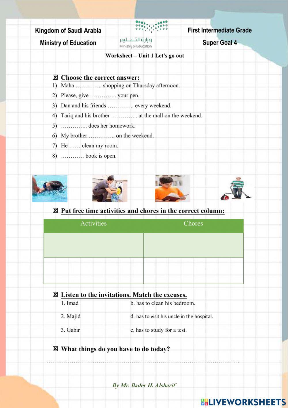 Super goal 4 Worksheet – Unit 1 let's go out 768578