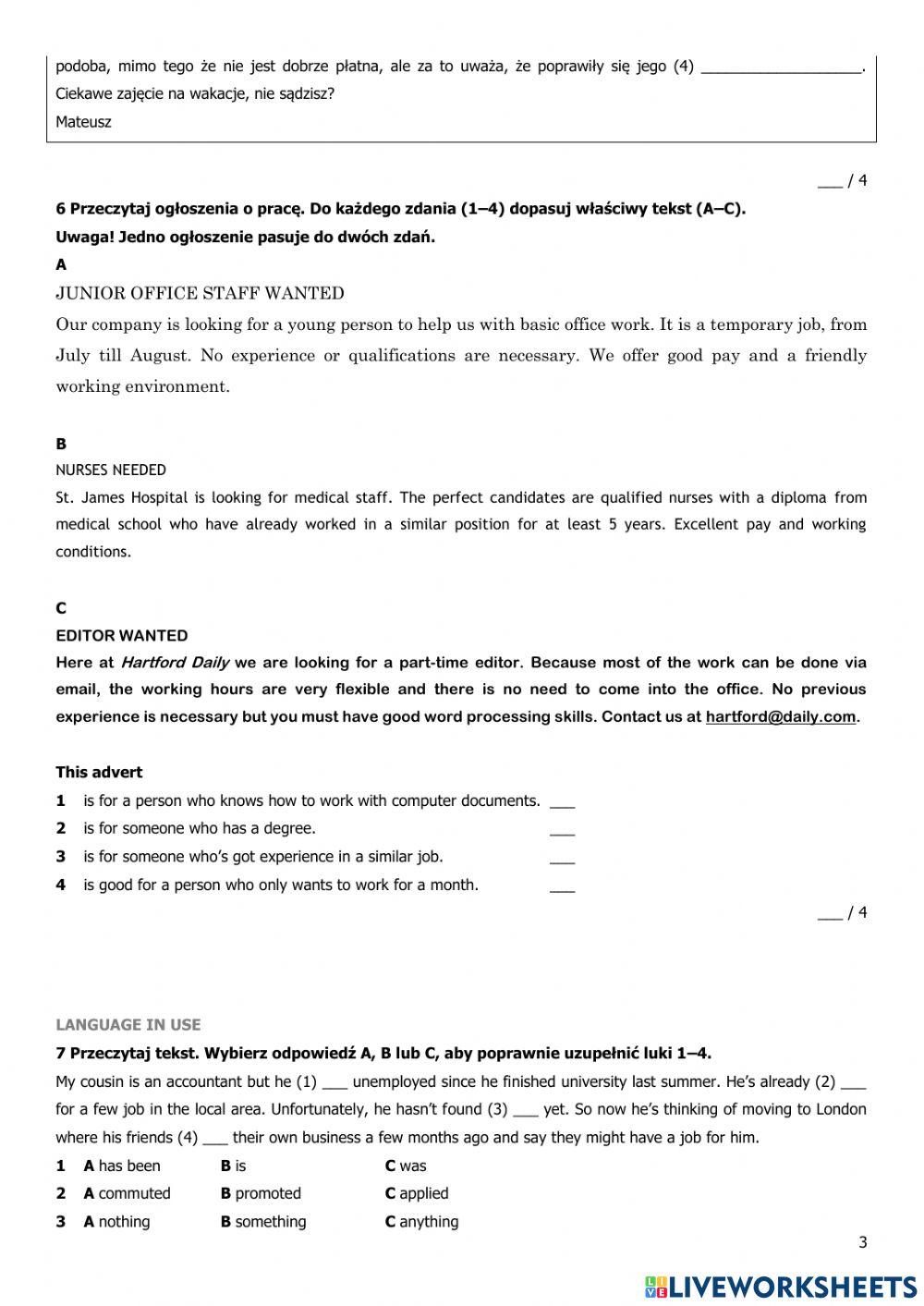 JOB TEST 6450859 | Ania Szymańczyk | LiveWorksheets
