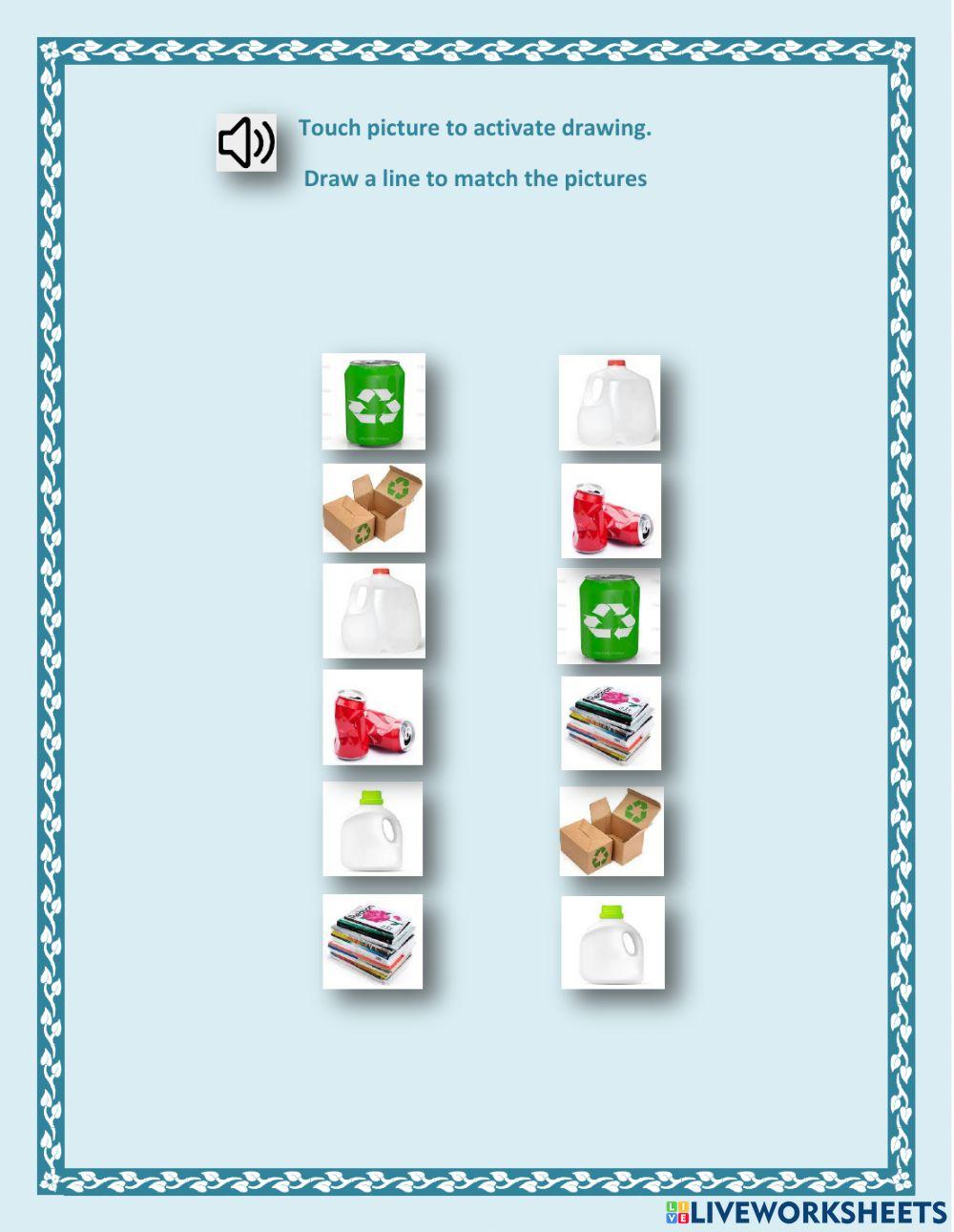 Draw a line to match recyclable material picture - everyone worksheet ...