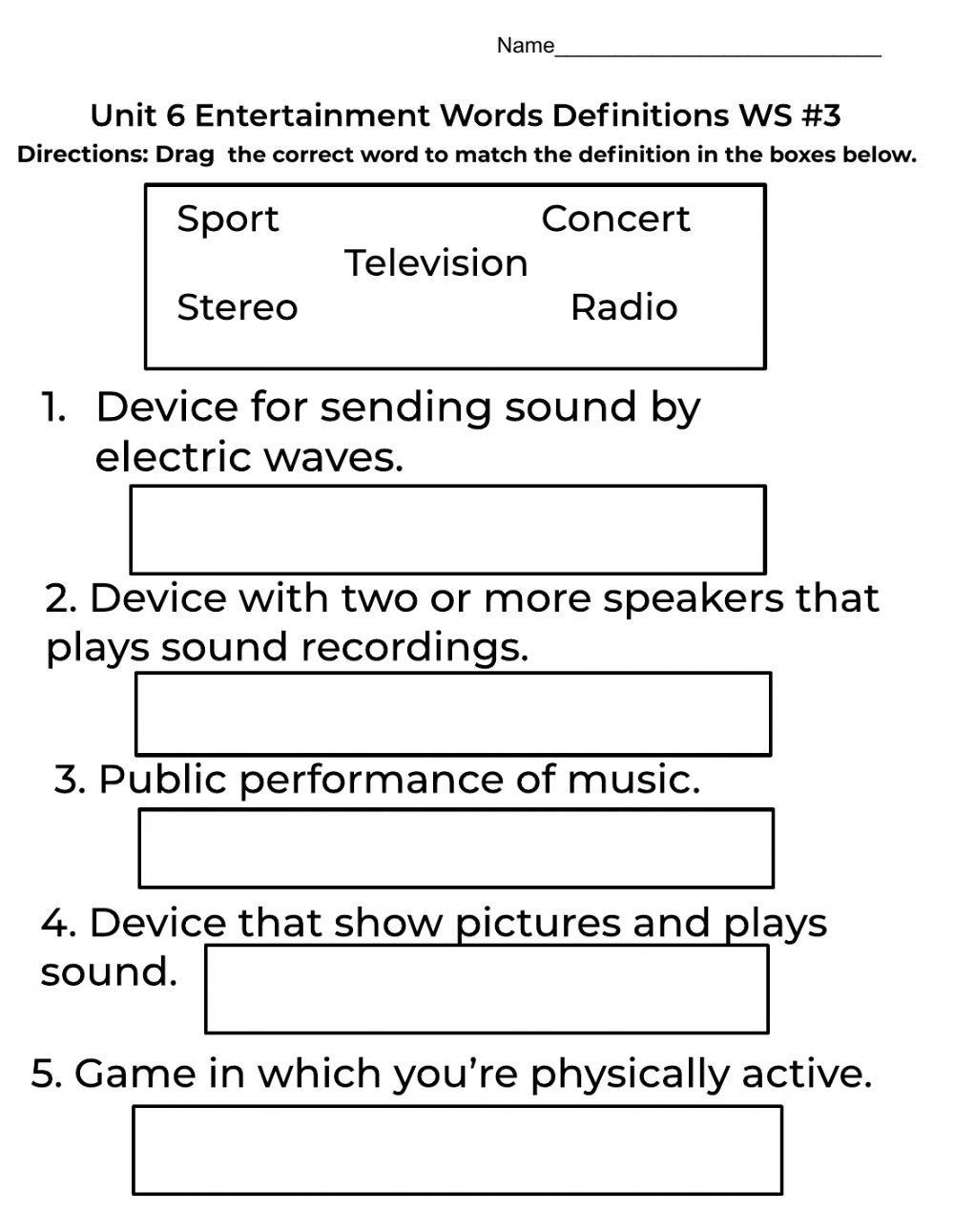 Unit 6 - Entertainment Words Drag and Drop WS 1 worksheet | Live Worksheets