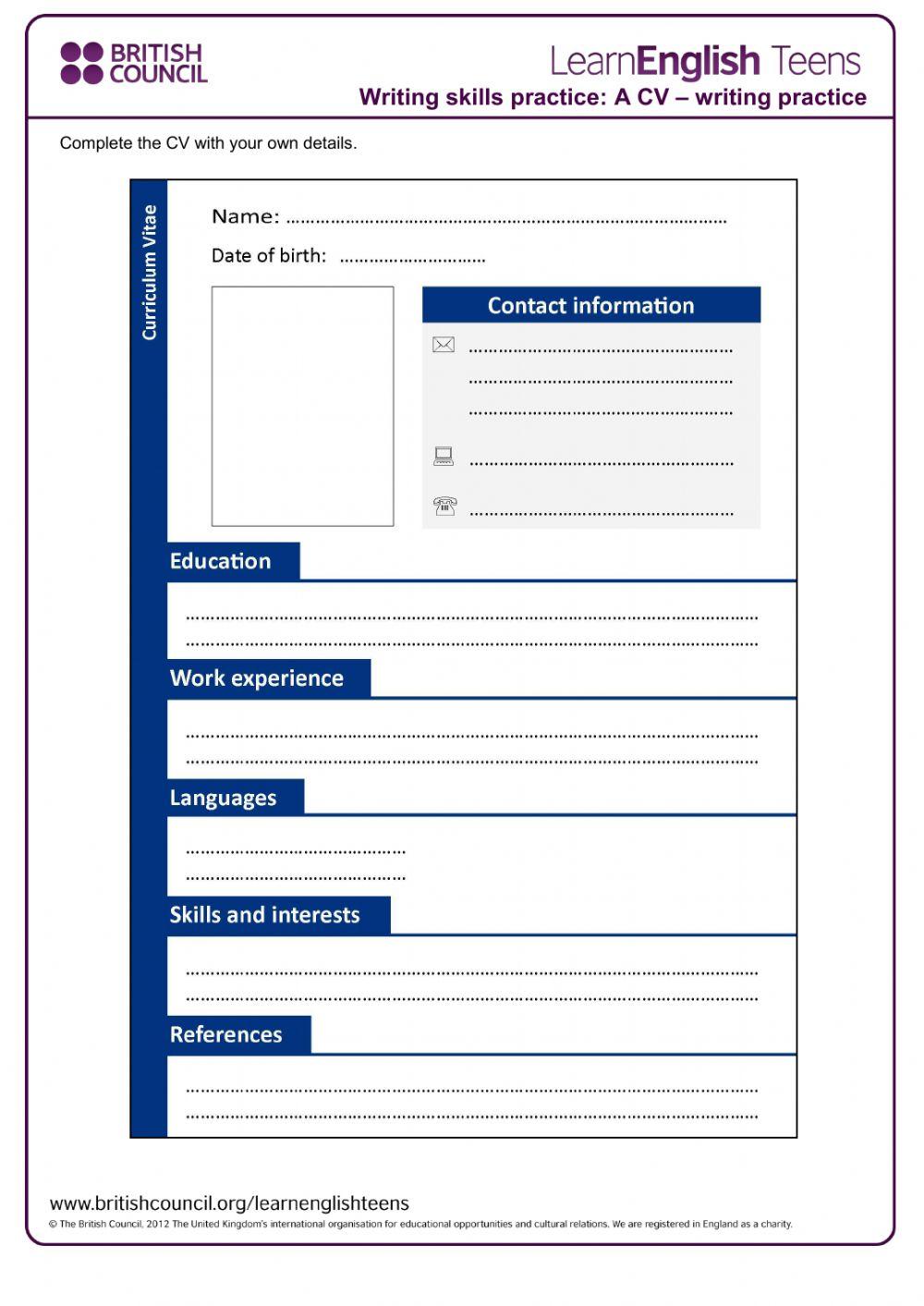 Writing a CV | Free Interactive Worksheets | 4686787