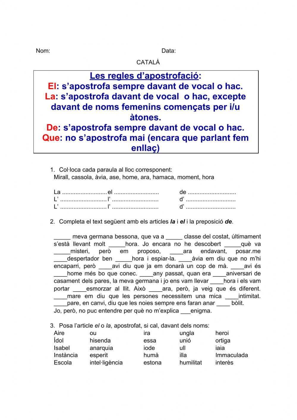 Apòstrof i cont… | Free Interactive Worksheets | 689846