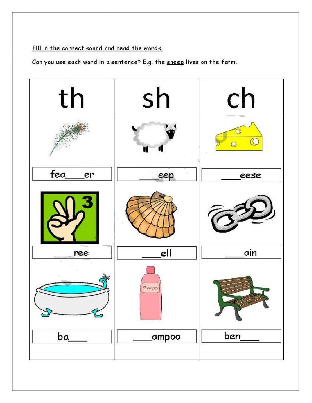 Hojas De Trabajo De Sh Th Ch Phonics CH SH TH Worksheet | PDF