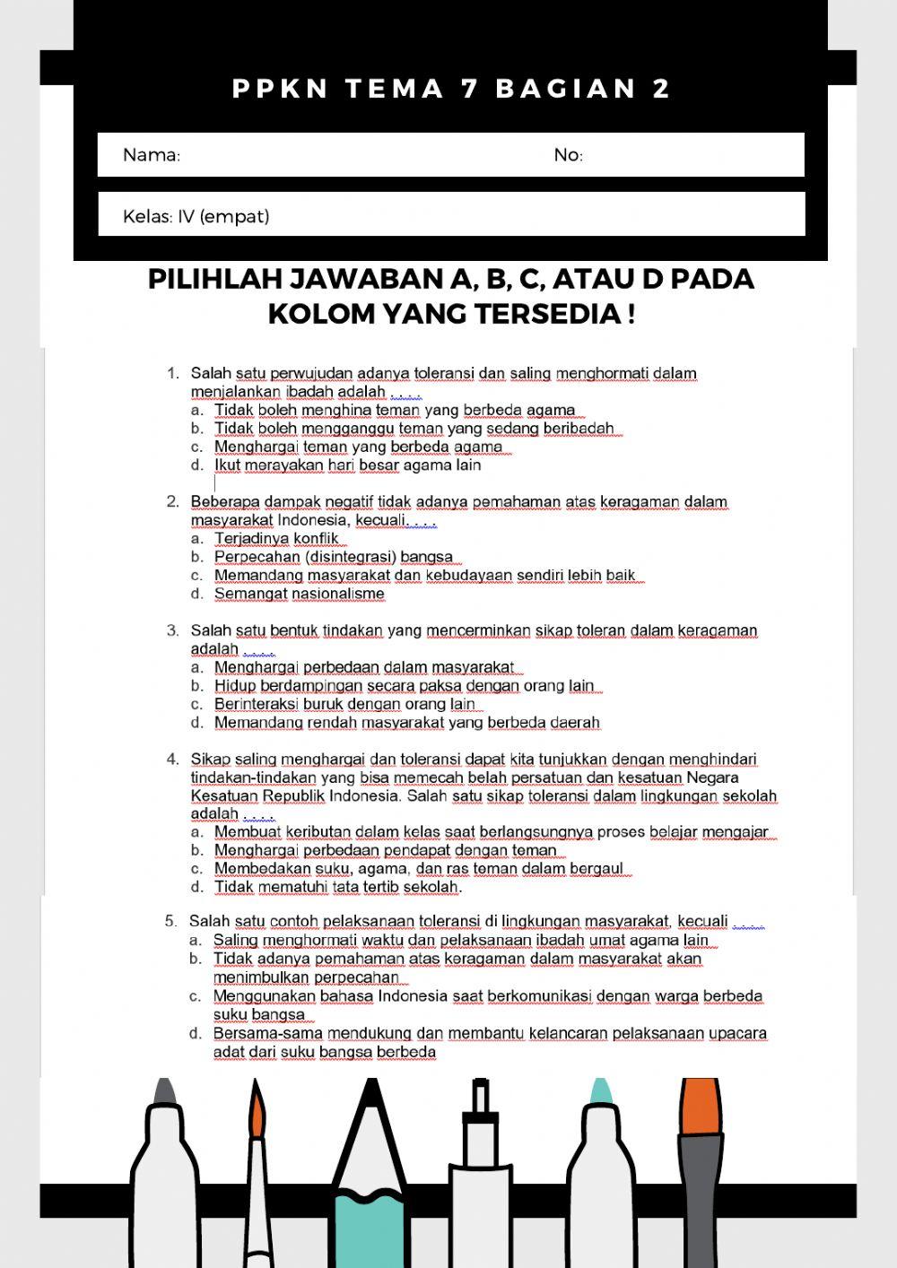 PPKN - Toleransi (subtema 3) worksheet | Live Worksheets