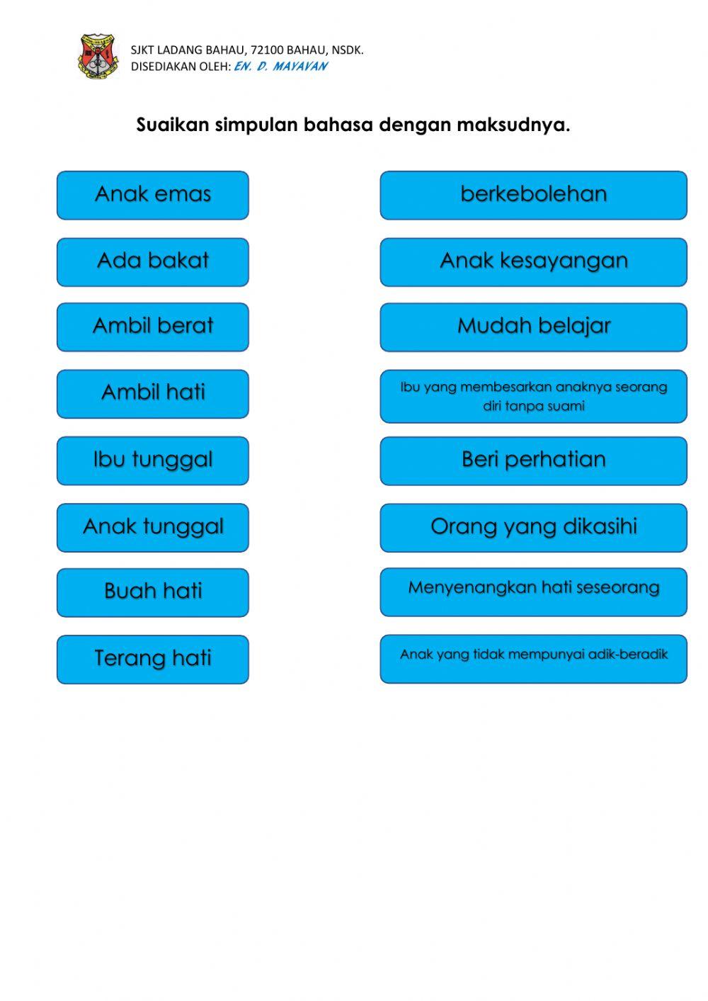 Simpulan Bahasa Bahasa Meayu Exercise Live Worksheets