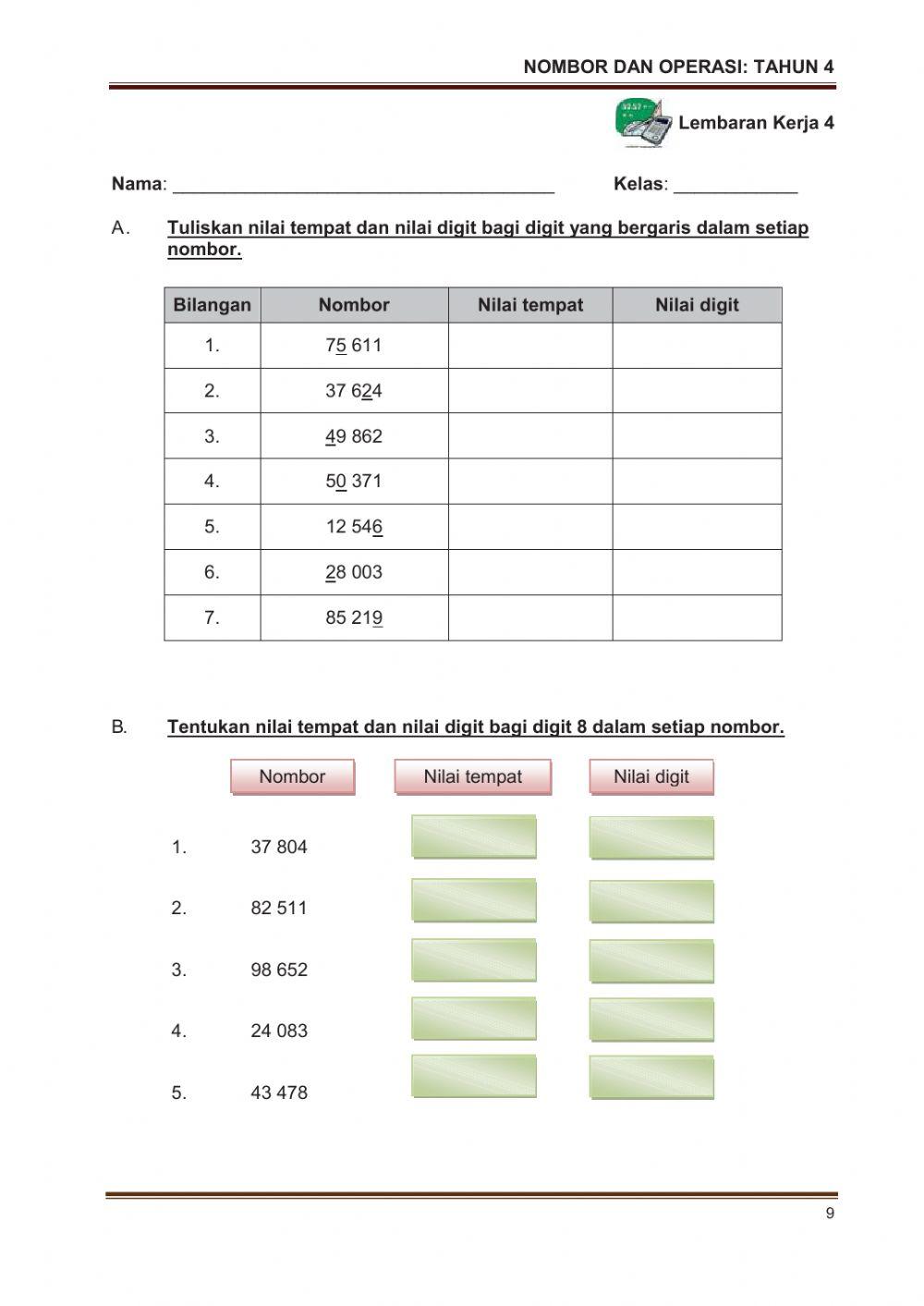 Nilai tempat dan Nilai digit online exercise for 4 | Live Worksheets