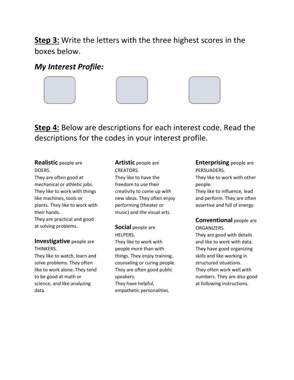 Modified Holland Interest Inventory online exercise for | Live Worksheets