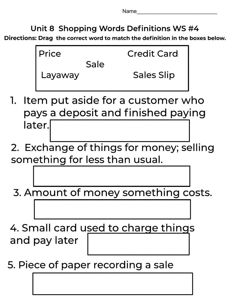 Unit 8 Shopping Words Drag and Drop WS-4 worksheet | Live Worksheets
