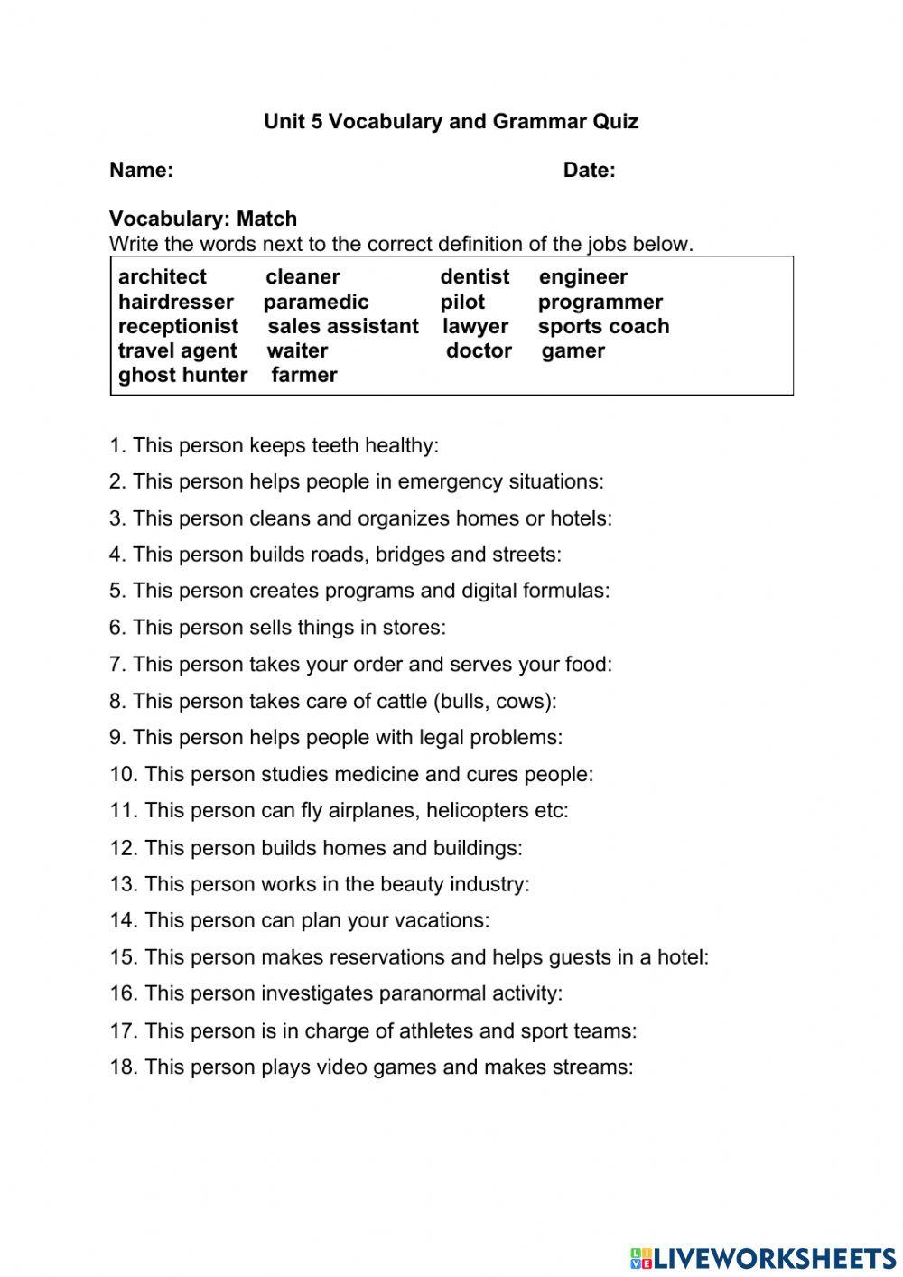 Unit 5 exam: 5th grade jobs vocabulary + superlative and