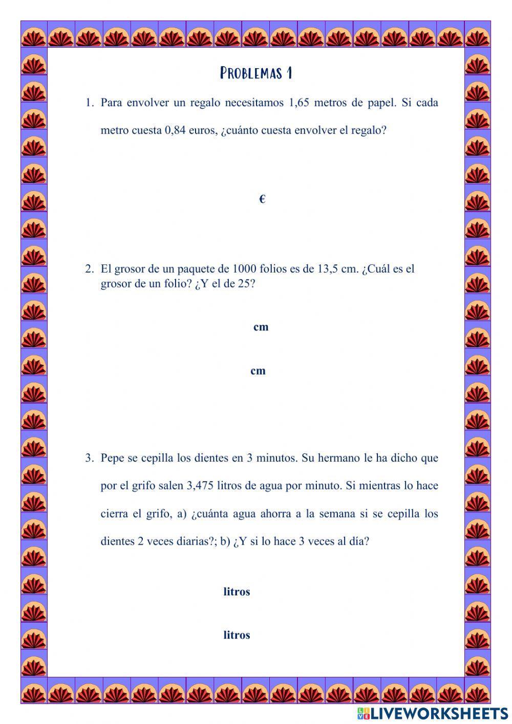 Problemas números decimales exercise | Live Worksheets