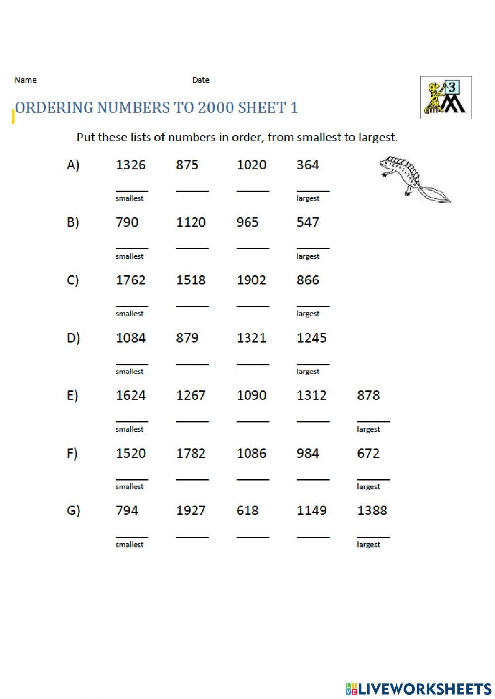 Pdf online activity: Ordering Numbers | Live Worksheets