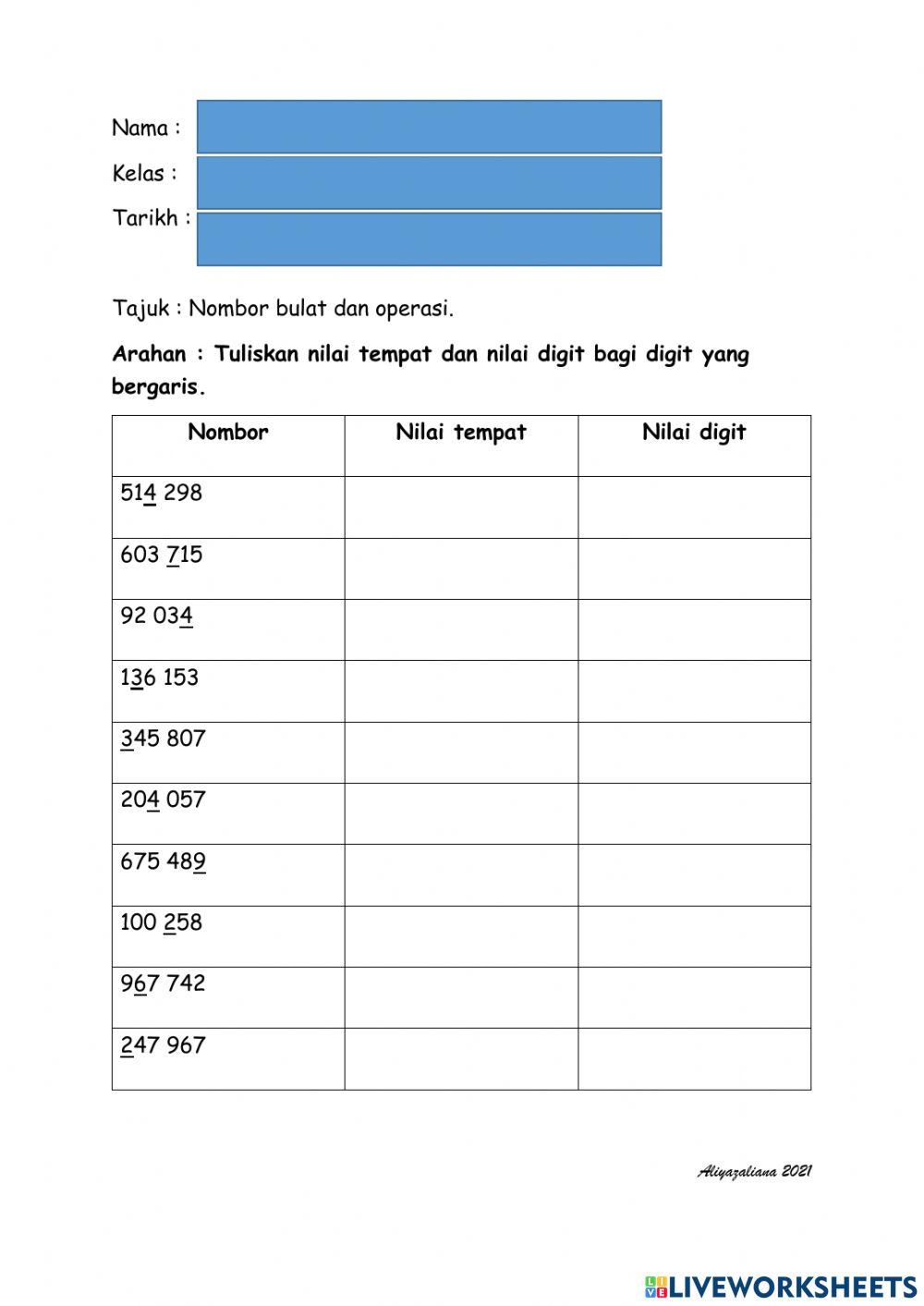 Nilai tempat dan nilai digit interactive activity for Tahun 5 | Live ...