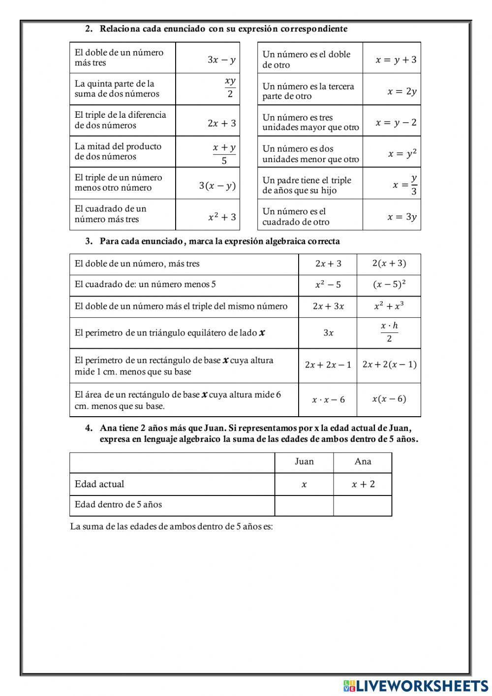 Lenguaje algebraico Matemáticas exercise | Live Worksheets