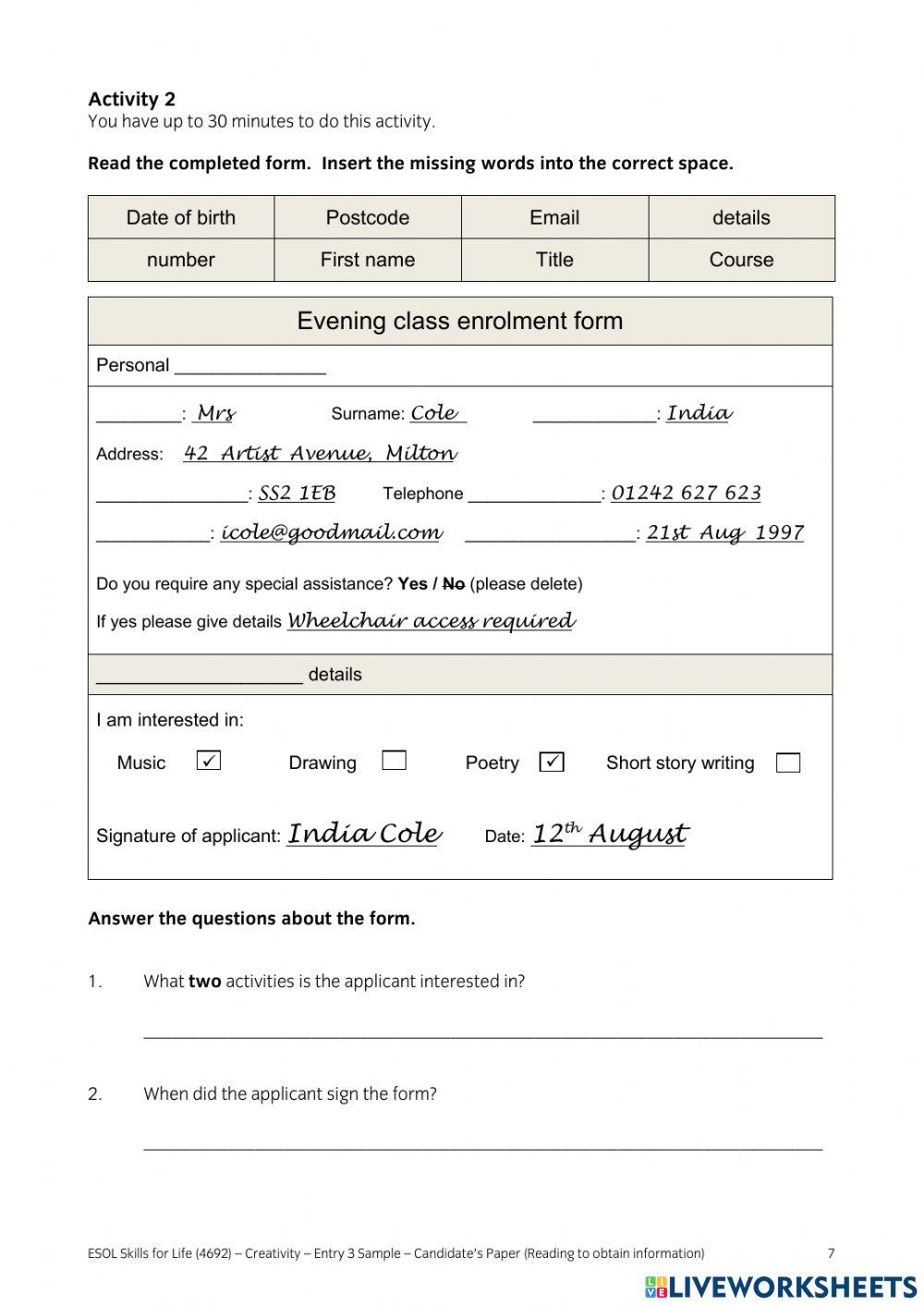 Entry 3 Reading… | Free Interactive Worksheets | 6402604