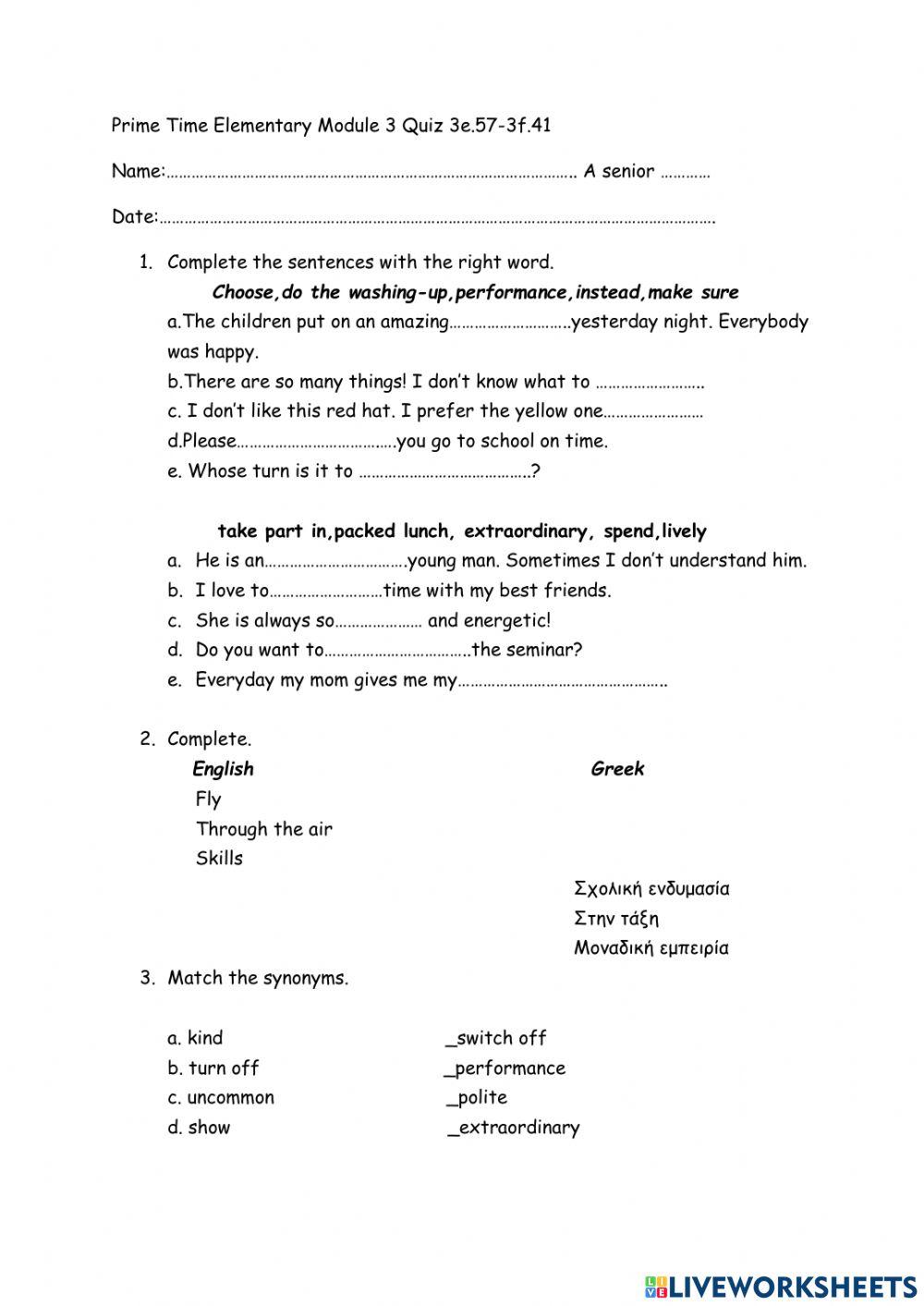 Prime time elementary module 3ef worksheet | Live Worksheets