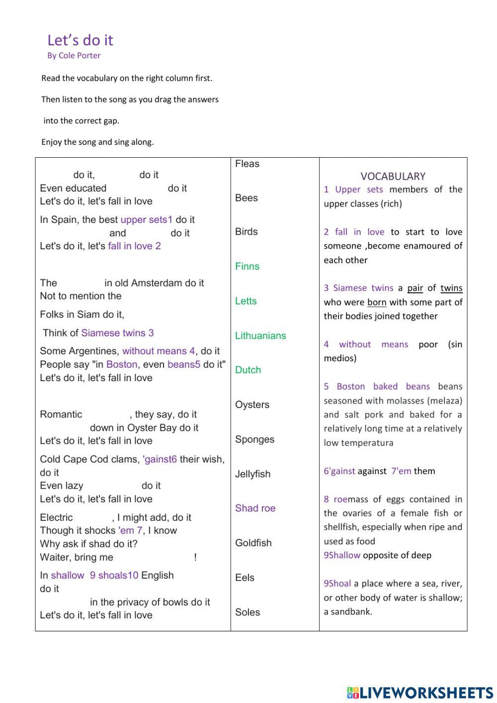 Let's do it song worksheet | Live Worksheets