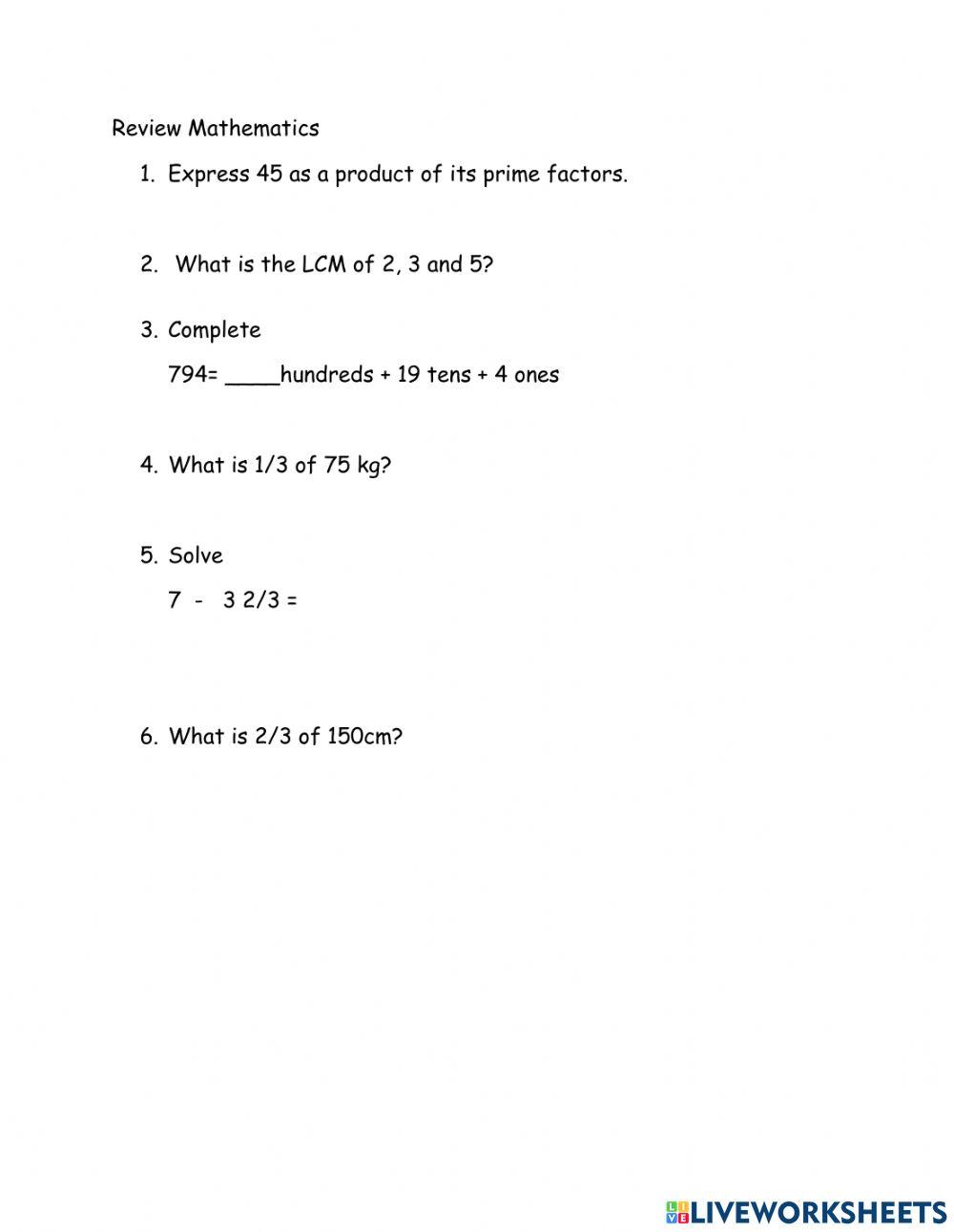 Maths Review worksheet | Live Worksheets