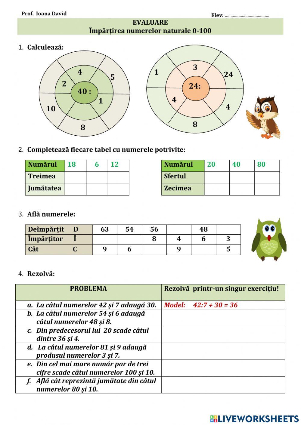 Impartirea numerelor 0-100 interactive worksheet | Live Worksheets