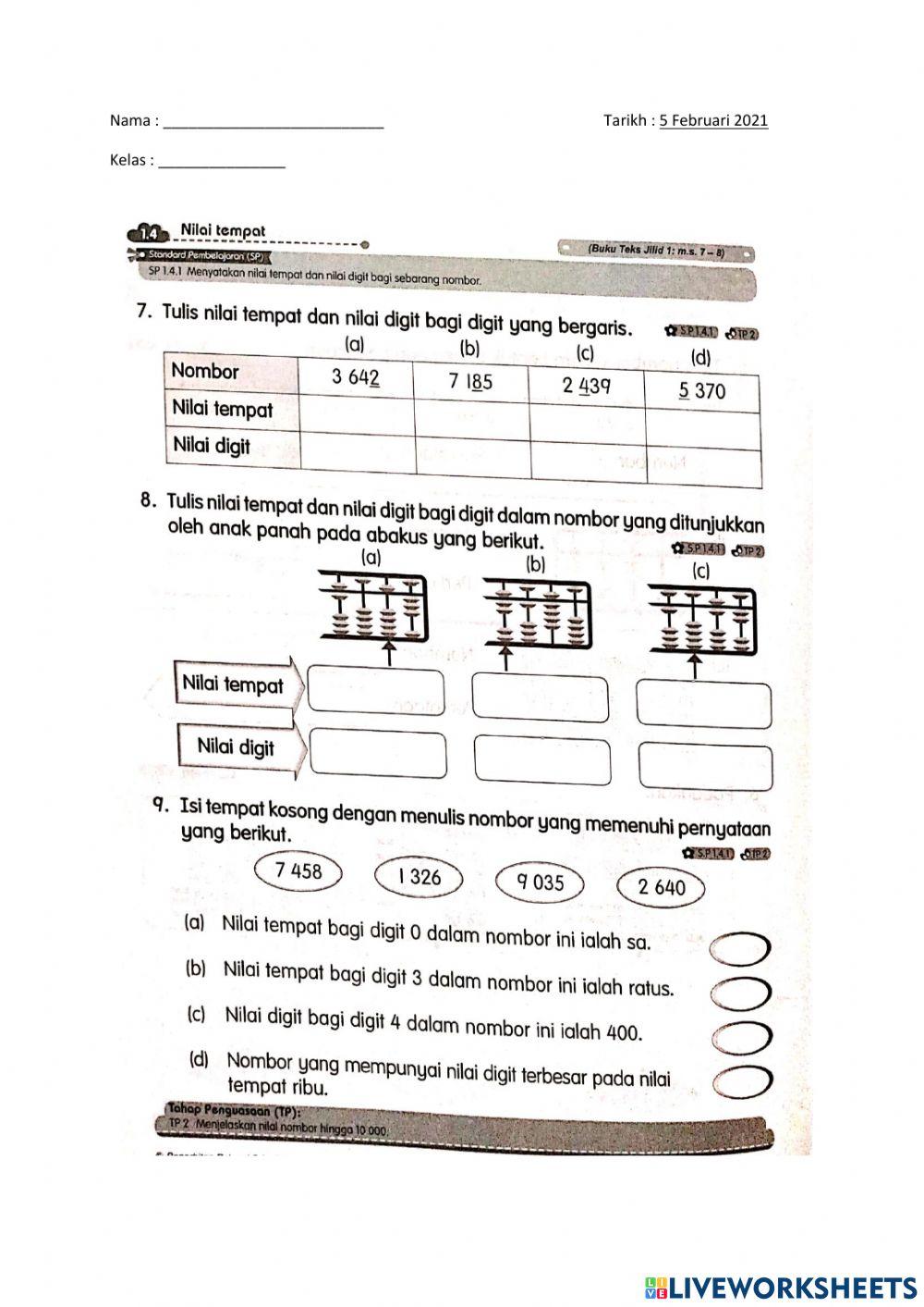 Nilai Tempat dan Nilai Digit Hingga 10 000 worksheet | Live Worksheets