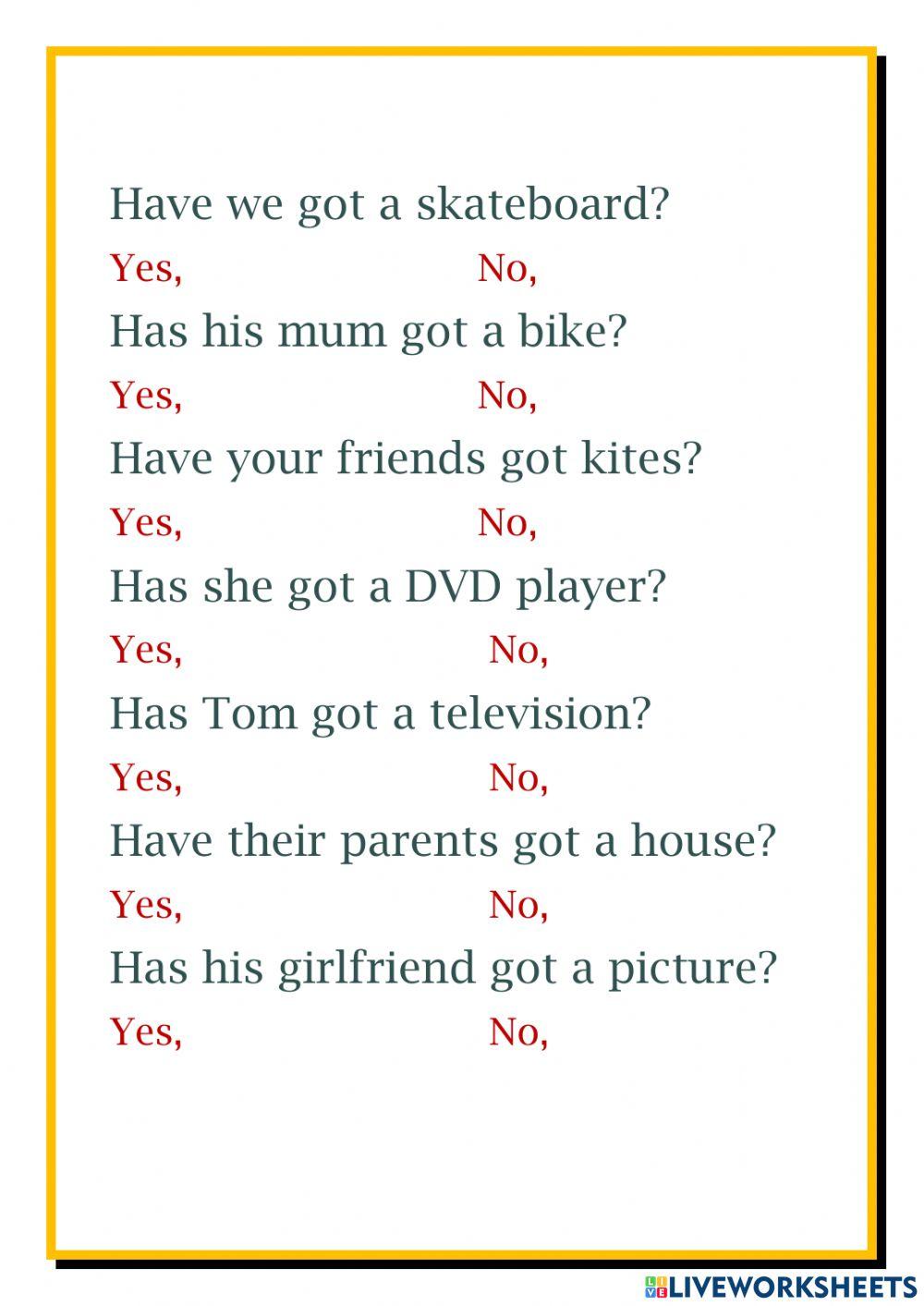 Give short answers (have got) worksheet | Live Worksheets