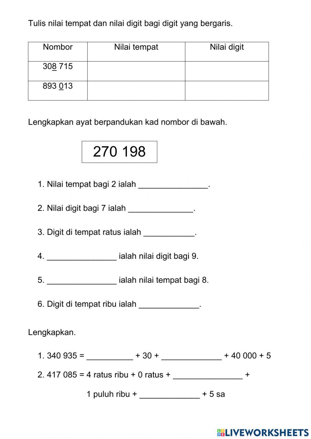 Nilai tempat dan nilai digit interactive exercise for Tahun 5 | Live ...