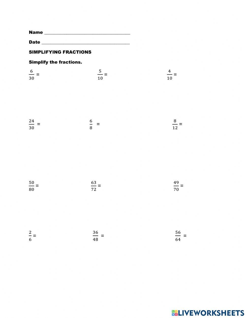 Easy Simplifying Fractions Worksheets Easy Simplifying Fractions Worksheets