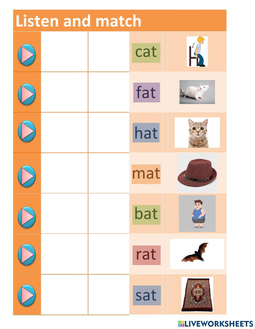 Listen and match(at) worksheet | Live Worksheets