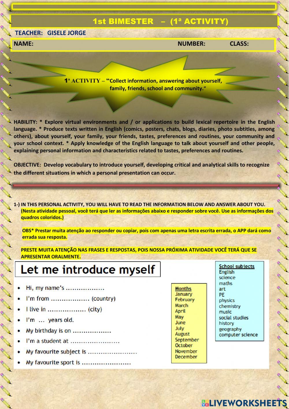 1st BIMESTER - ACTIVITY 1 – “INTRODUCING YOURSELF” 694530