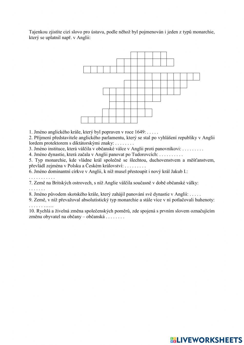Anglická revoluce - křížovka worksheet | Live Worksheets