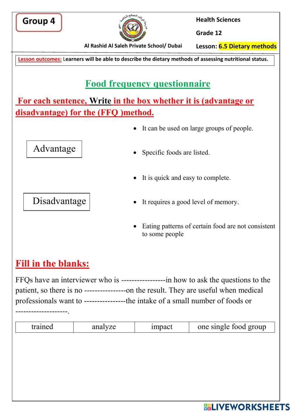 Food frequency questionnaire method worksheet | Live Worksheets