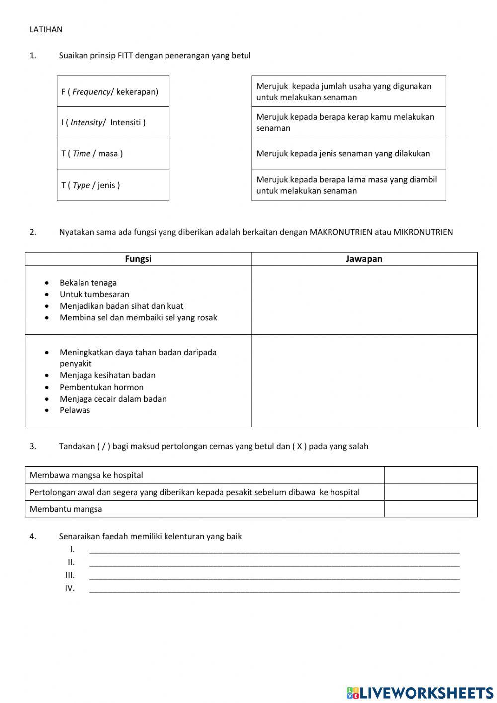 Kecergasan fizikal activity | Live Worksheets