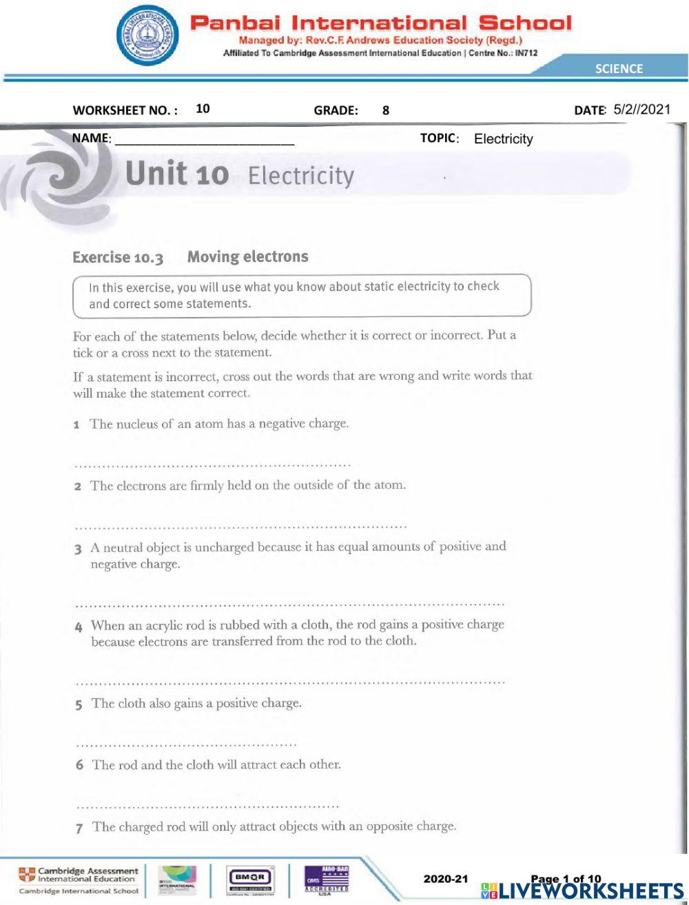 Electricity part 1 grade 8 online exercise for | Live Worksheets