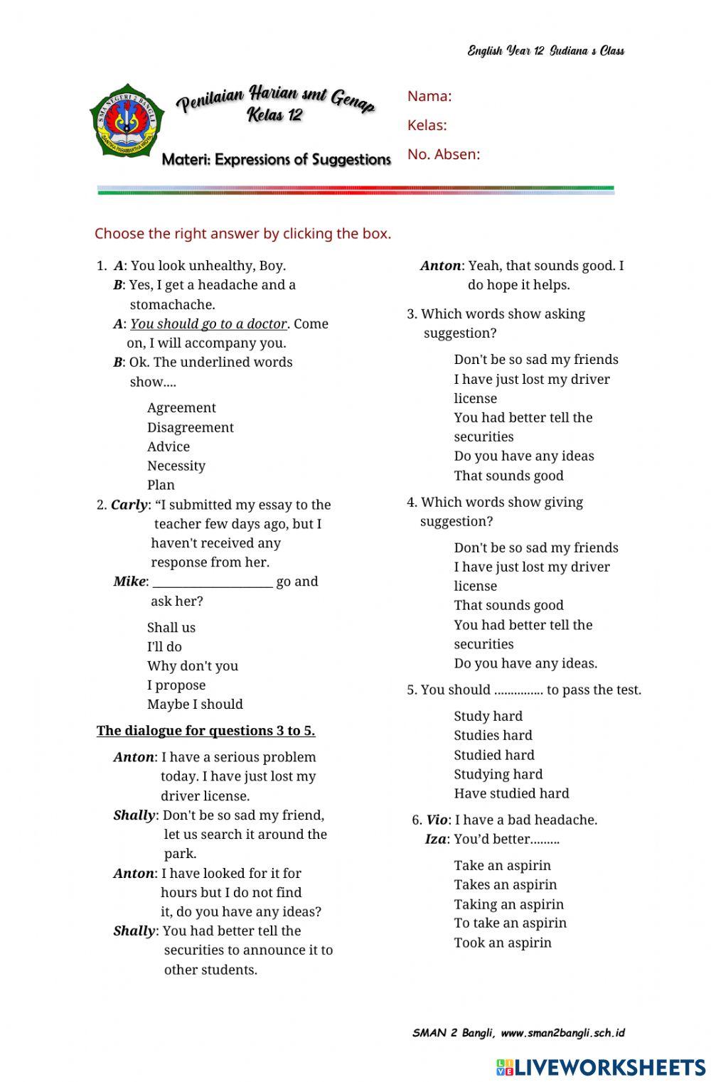 Expressing Suggestions (Yr. 12) 6404821 | sudiana66