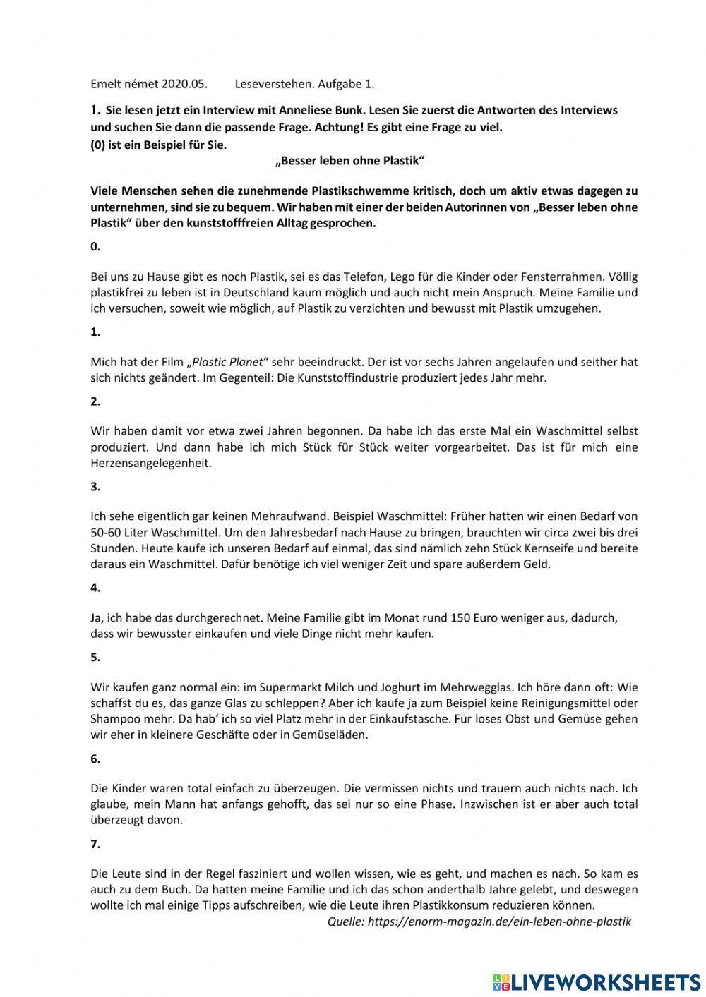 Leseverstehen interactive worksheet for B1-B2 | Live Worksheets