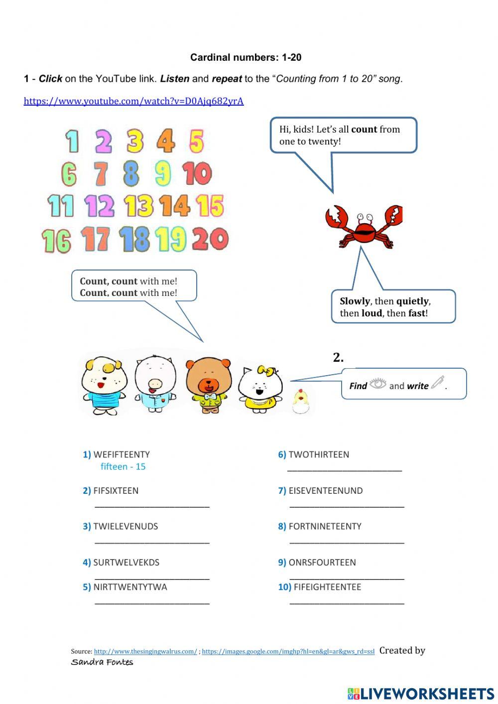 Cardinal numbers - 10 - 20 online exercise for | Live Worksheets